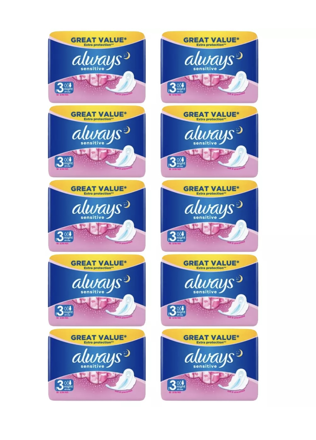 Always Sensitive Ultra Night Sanitary Towels with Wings 10 Count Pack Of 10